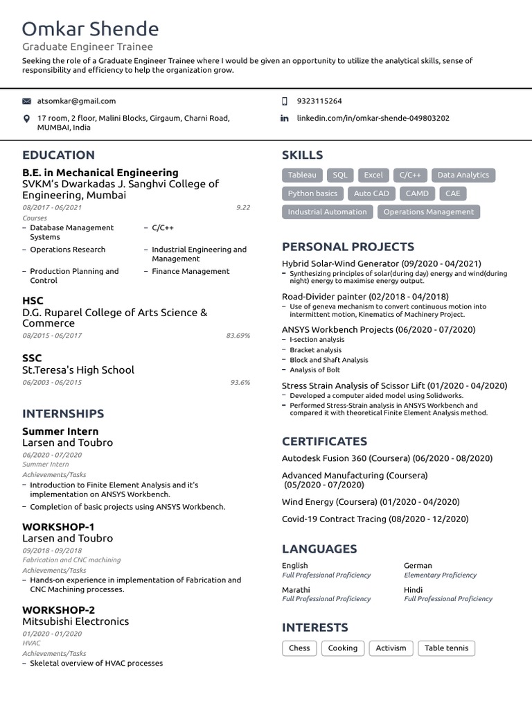 Omkar Shende: Education Skills | PDF | Engineering | Mechanical Engineering