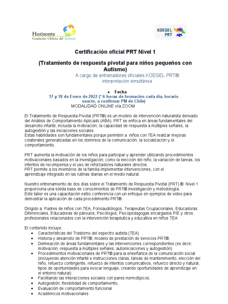 Certificacion PRT Nivel 1 Chile 2022 | PDF | Espectro autista | Cognición
