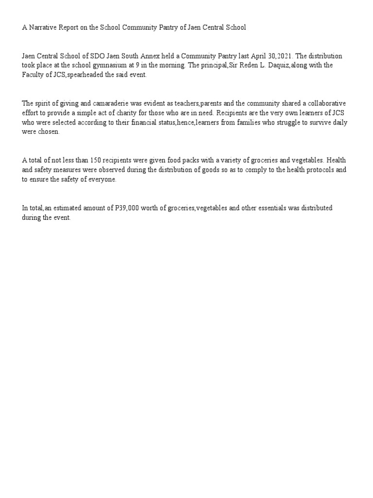 A Narrative Report On The School Community Pantry | PDF