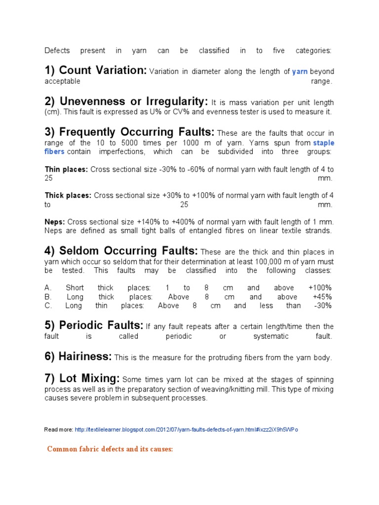 Yarn Defects | PDF | Spinning (Textiles) | Knitting