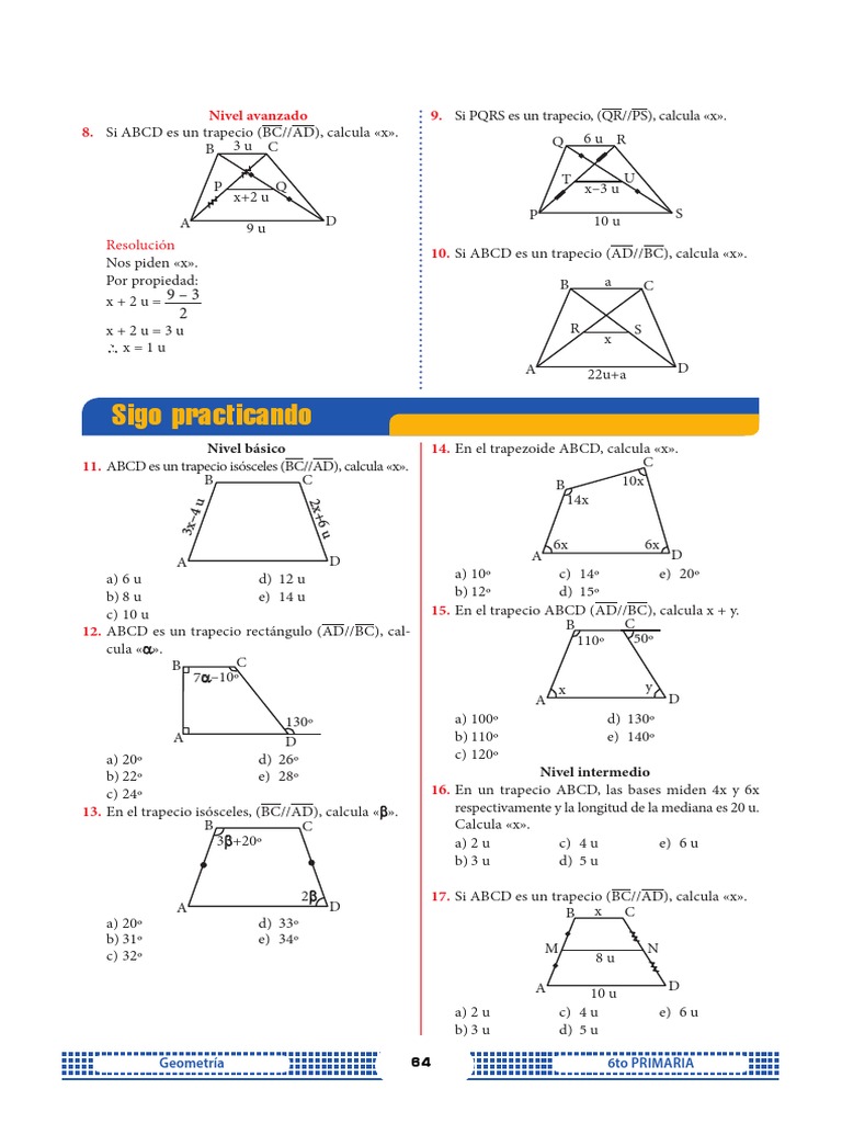 Cuadriláteros, Trapecio y Trapezoide Propiedades Sigo Practicando | PDF | Geometría del plano ...