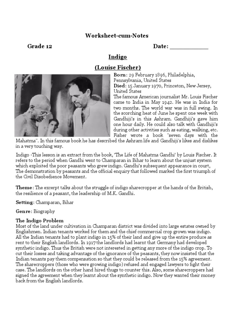 Worksheet-cum-Notes Grade 12 Date: - Indigo (Louise Fischer) | PDF ...