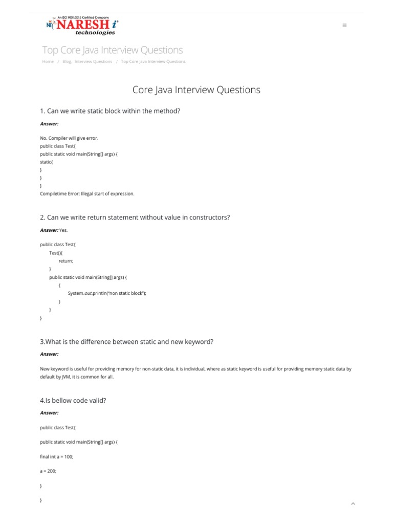 Top 80 Core Java Interview Questions and Answers 2019 NareshIT | PDF ...