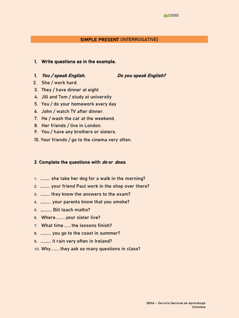 Actividad de Aprendizaje II (Simple Present Do+Does) I | PDF