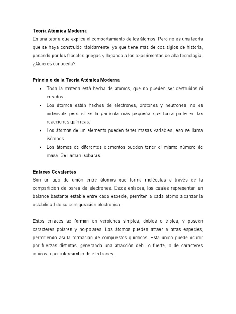 Teoría Atómica Moderna | PDF | Enlace químico | Enlace covalente