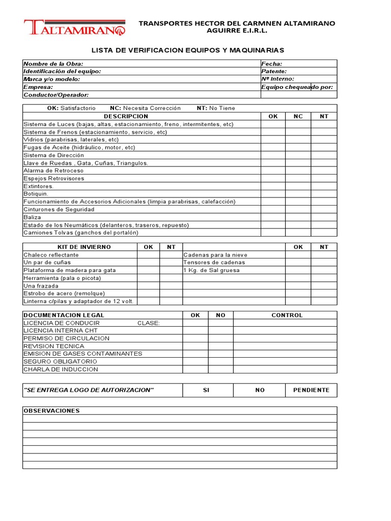 Check List Equipos y Maquinarias | PDF