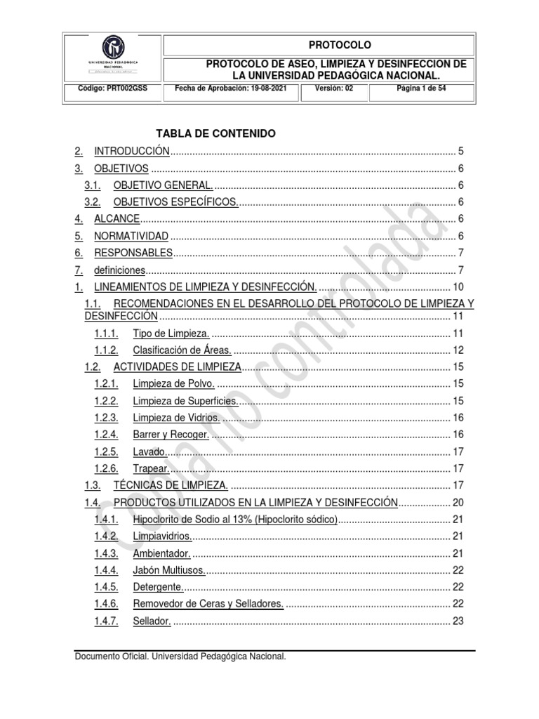 Protocolo de Aseo Limpieza y Desinfeccion de La Upn | PDF | Lavado de manos | Agua