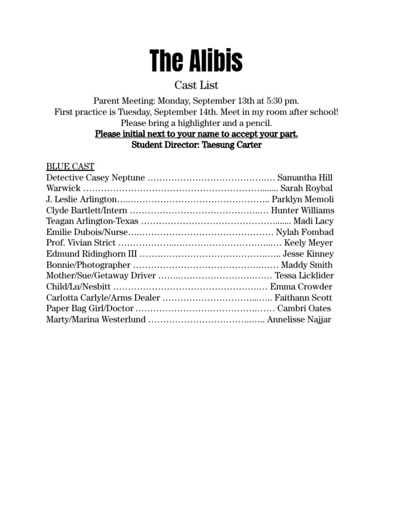 Cast & Crew Info for "The Alibis" | PDF | Home & Garden | Art