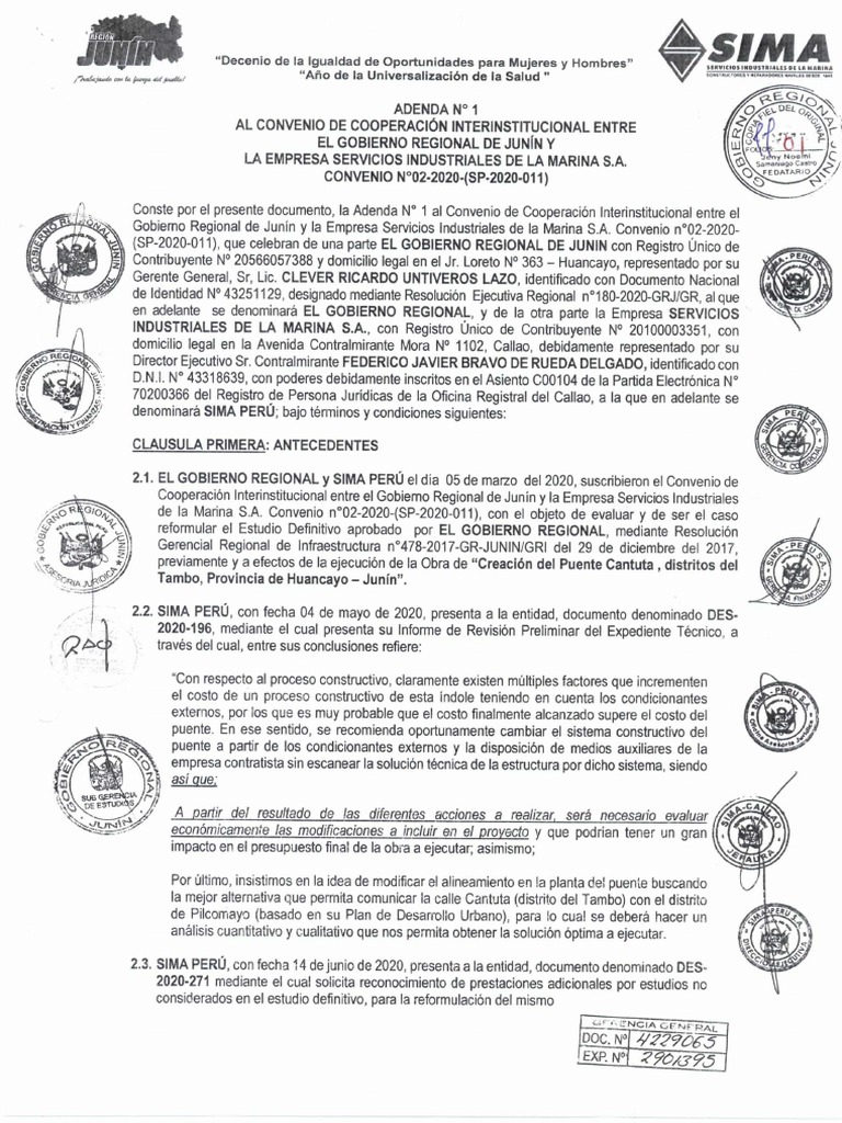 Adenda N 1 Al Convenio de Cooperaci N Interinstitucional Entre El Gobierno Regional de Junin y ...