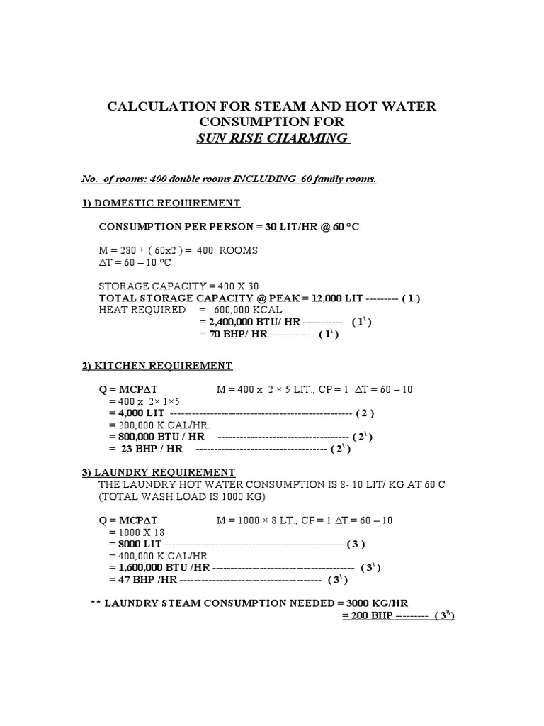 Calculation For Steam and Hot Water Consumption For: Sun Rise Charming ...