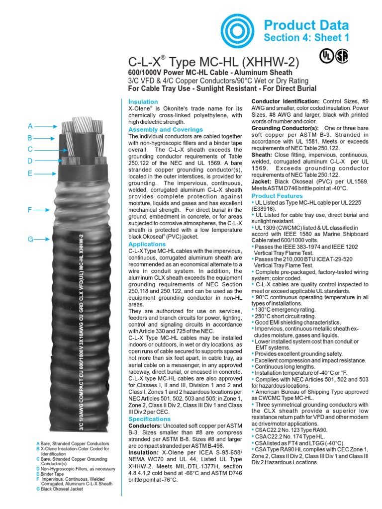 C-L-X Type MC-HL (XHHW-2) : Product Data | PDF | Electrical Wiring ...
