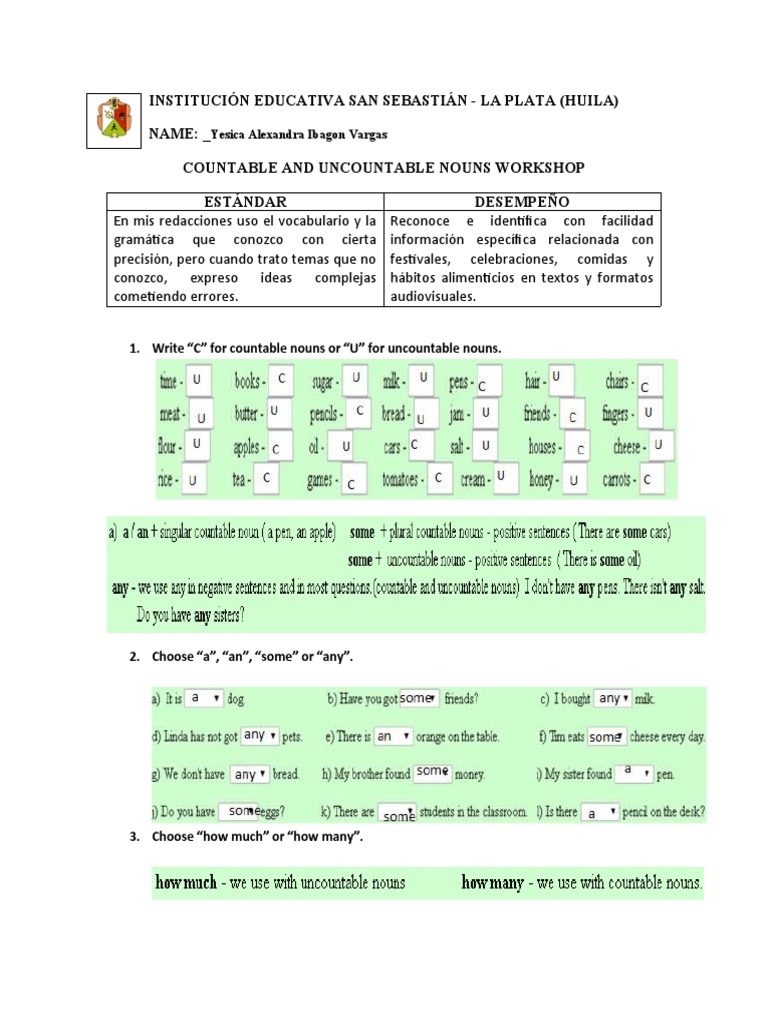 Hojas De Trabajo Sobre Sustantivos Contables E Incontables 2226068