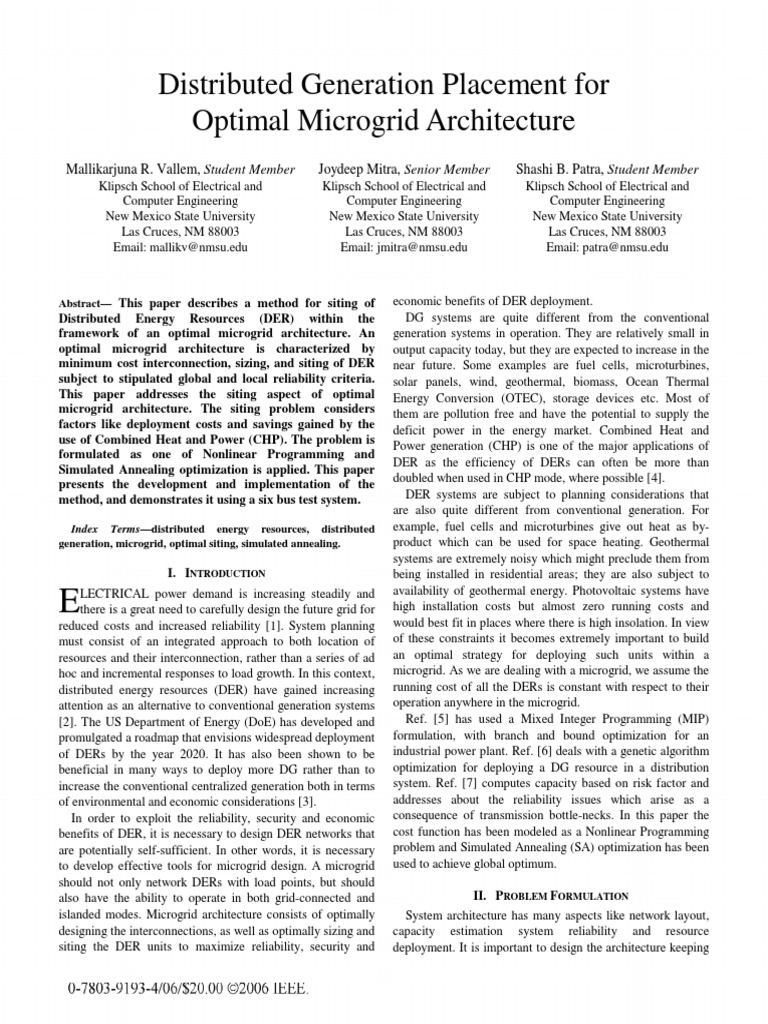 Distributed Generation Placement For Optimal Microgrid Architect | PDF | Distributed Generation ...