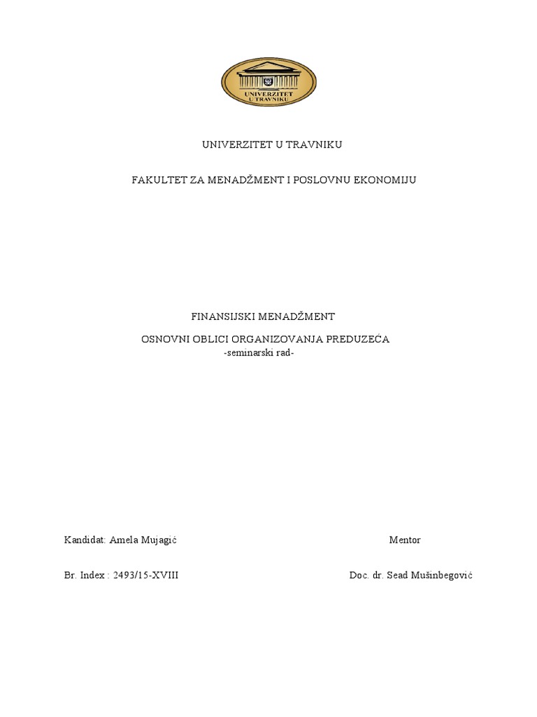 Finansijski Menadzment-Osnovni Oblici Organizovanja Preduzeća | PDF