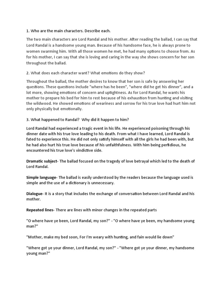 Lord Randal Worksheet | PDF | Poetry