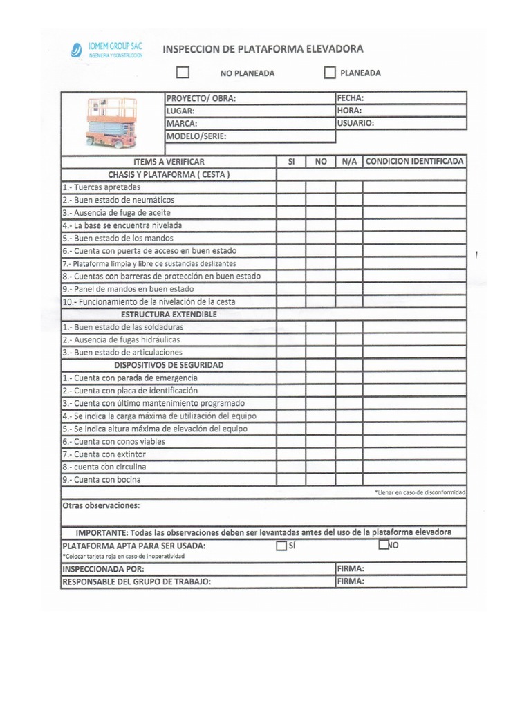 Checklist Plataformas Elevadora | PDF