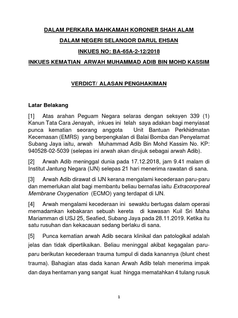 Inkues Kematian Arwah Muhammad Adib Bin Mohd Kassim Verdict Alasan ...
