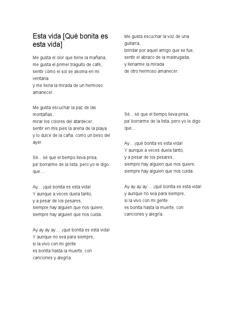 Qué bonita es esta vida: letra completa | PDF | Poesía