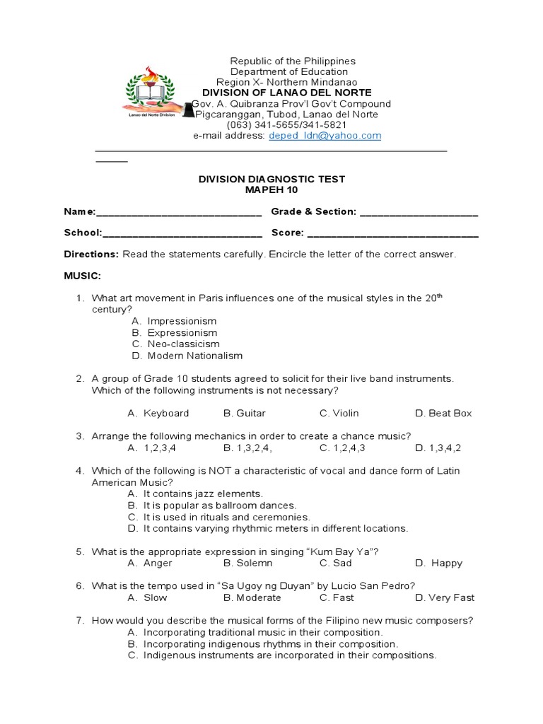 Mapeh Diagnostic Test Grade 10 | PDF | Paintings | Reproductive Health