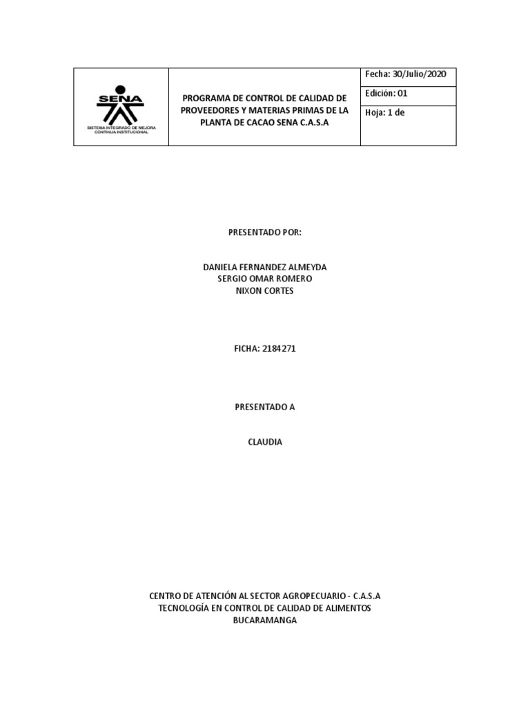 Programa Prerrequisito Del Control de Proveedores | PDF | Calidad (comercial) | Análisis de ...