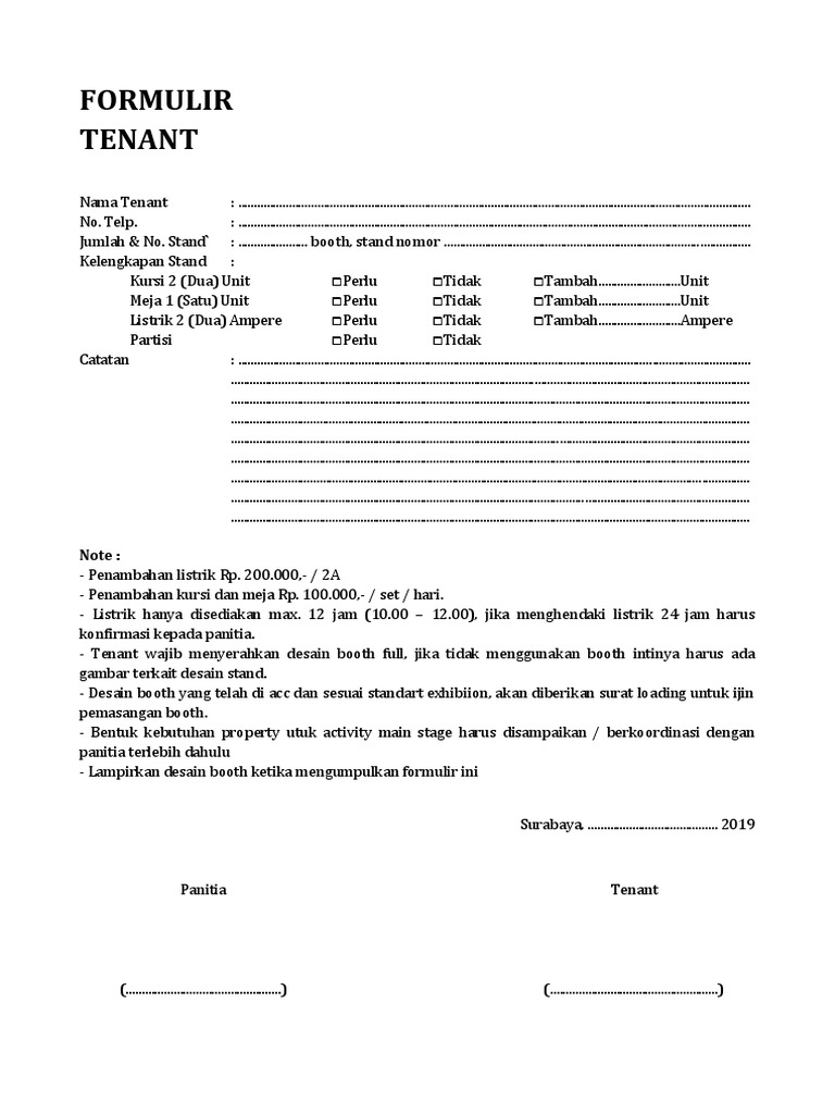 Formulir Pendaftaran Tenant 2019 | PDF