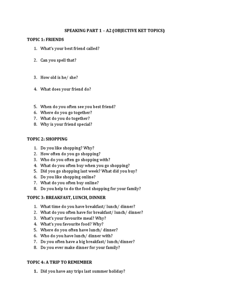 Speaking Part 1 A2 Objective Ket Topics | PDF | Lunch | Dinner