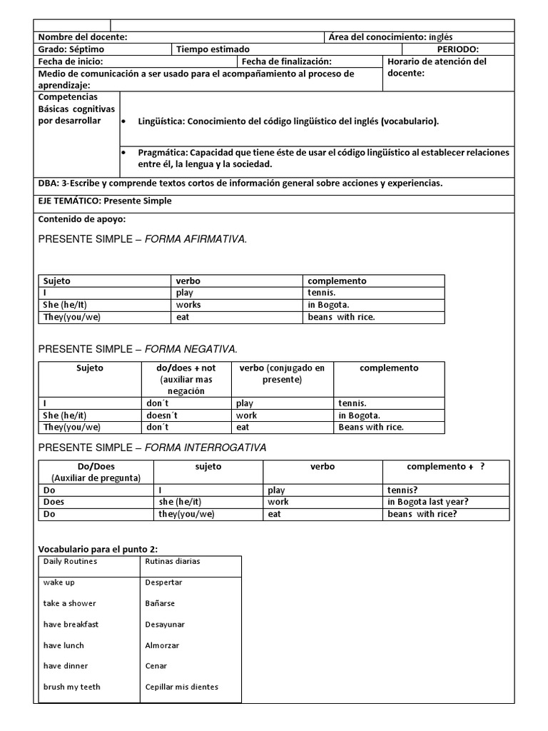 Taller Presente Simple Afirmativo | PDF | Gramática | Comunicación