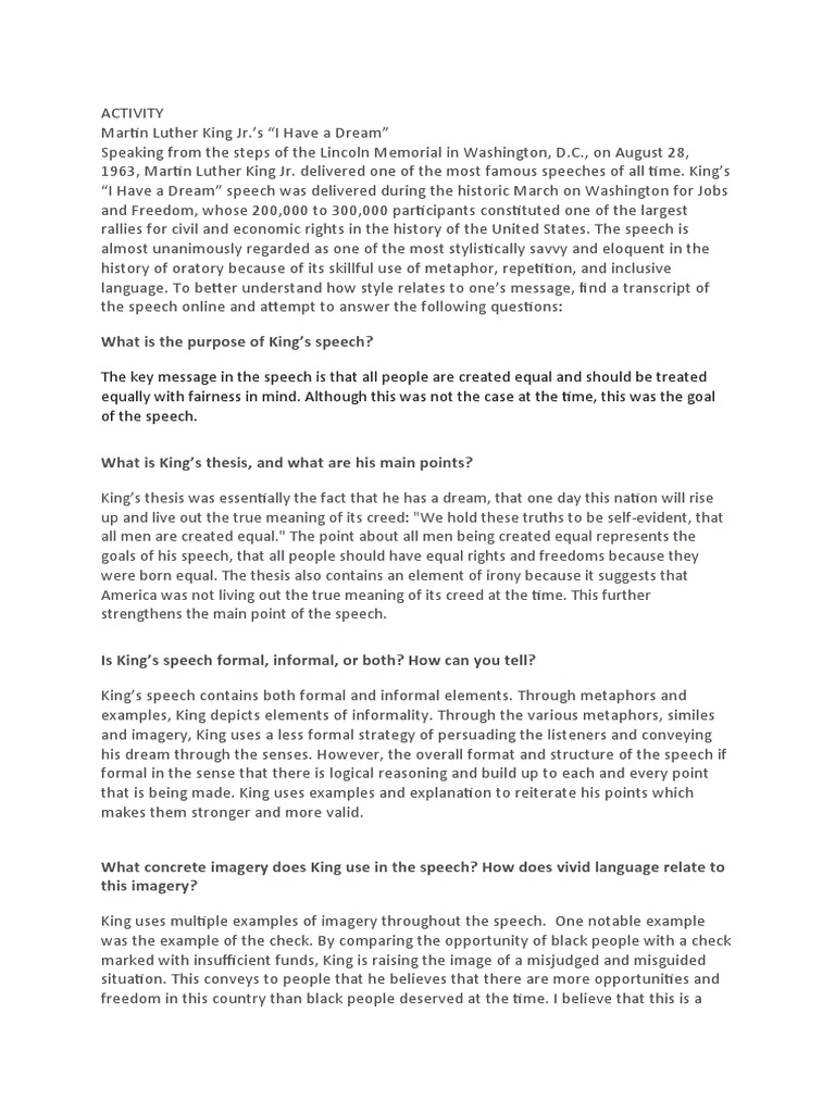Analyzing MLK's "I Have a Dream" Speech | PDF | Politics | Social Science