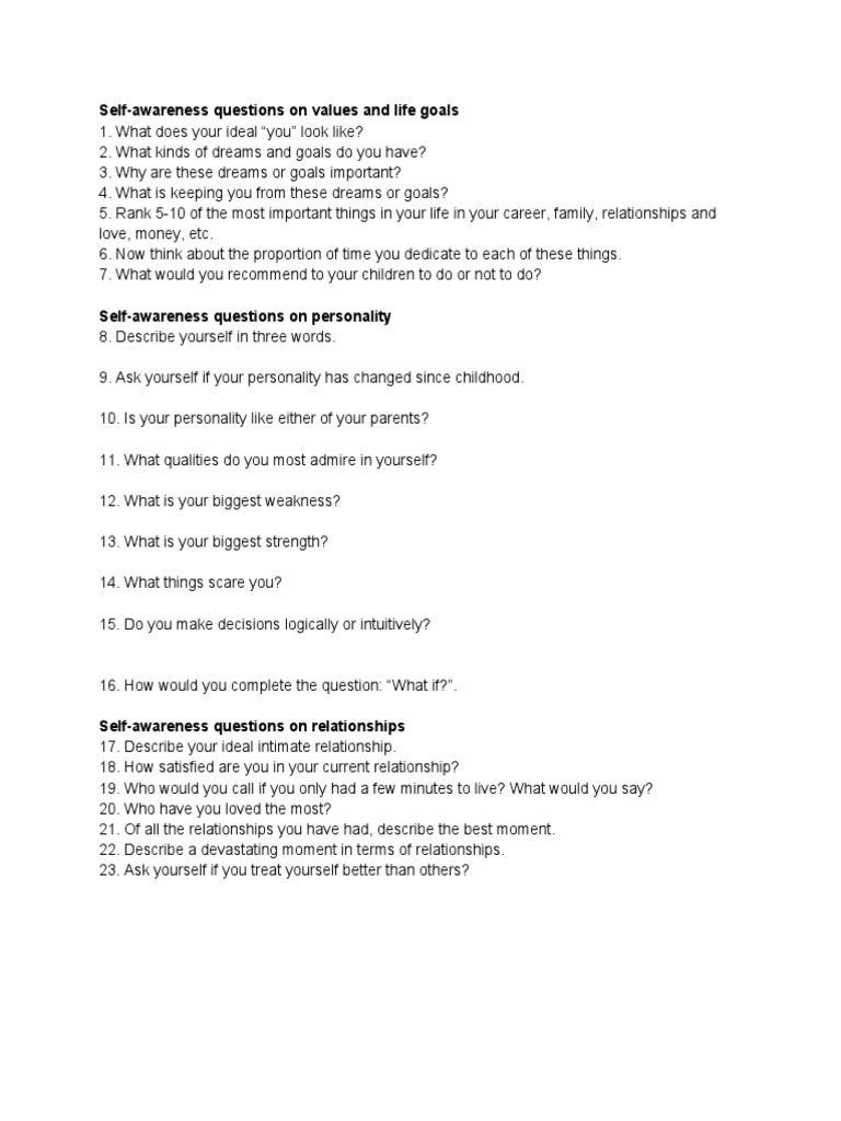 Self-awareness questions on values, personality & relationships | PDF