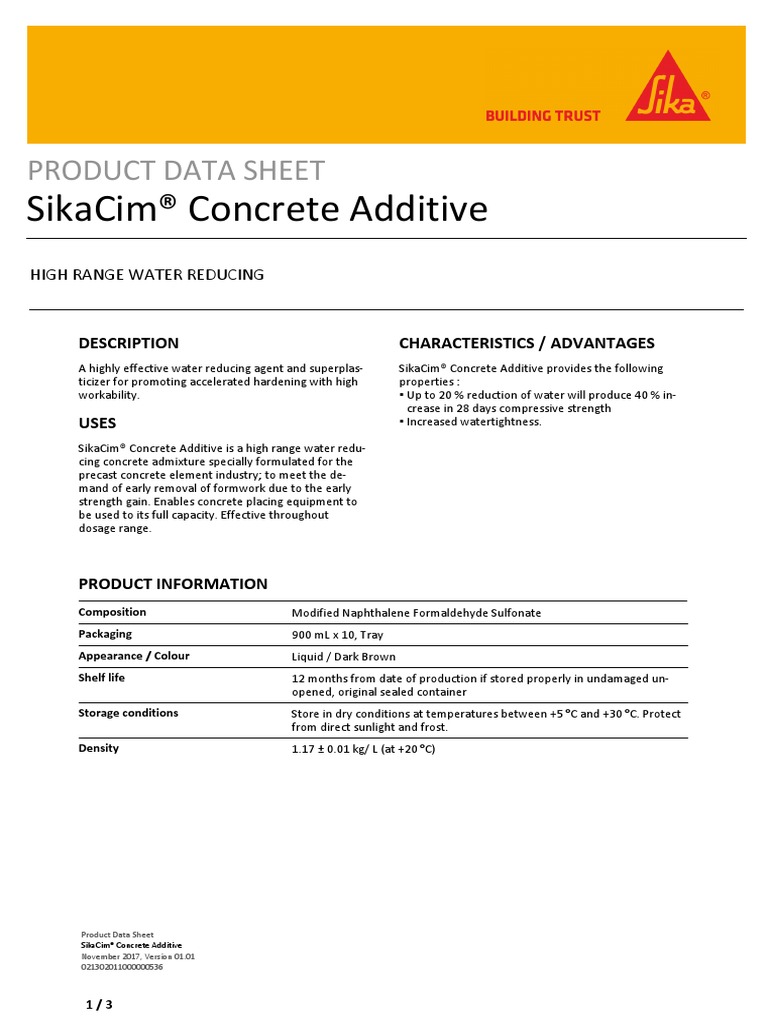 Sikacim® Concrete Additive: Product Data Sheet | PDF | Concrete | Materials