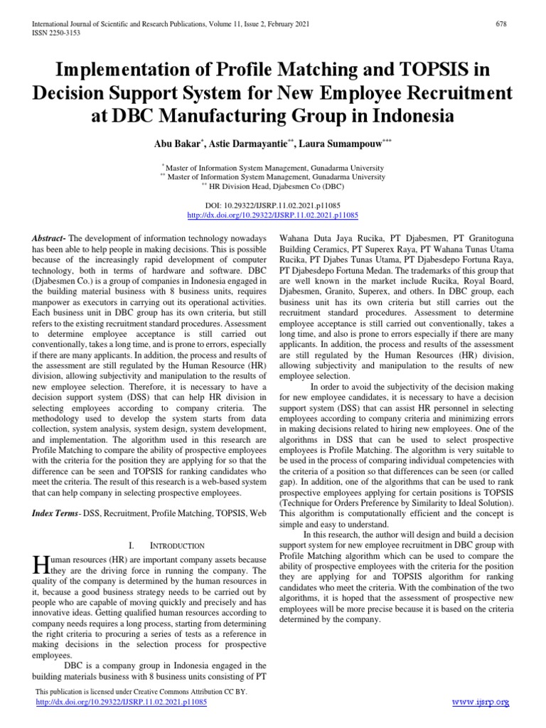 Implementation of Profile Matching and TOPSIS in Decision Support System For New Employee ...
