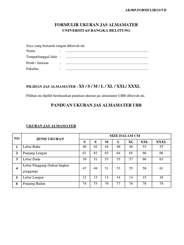 005 - Formulir Jas Almamater UBB 2021 | PDF