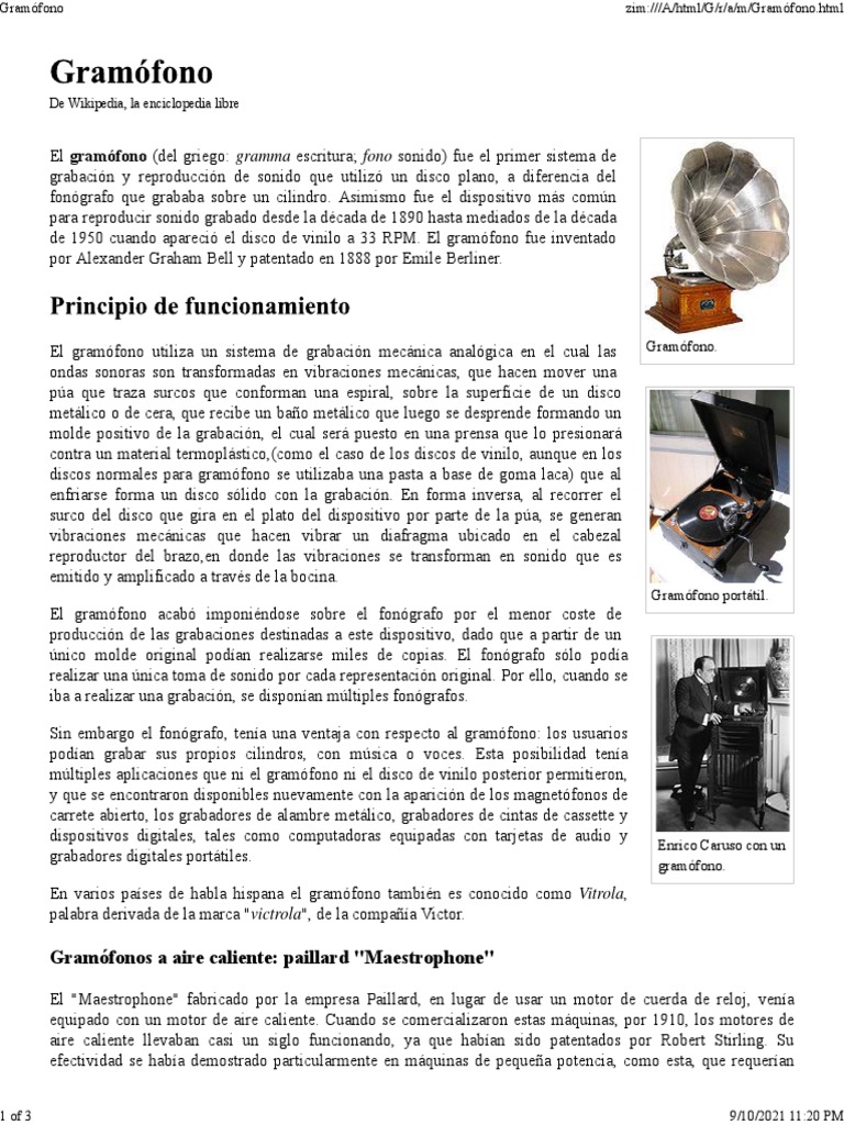 Historia y funcionamiento del gramófono | PDF | Fonógrafo | Acústica