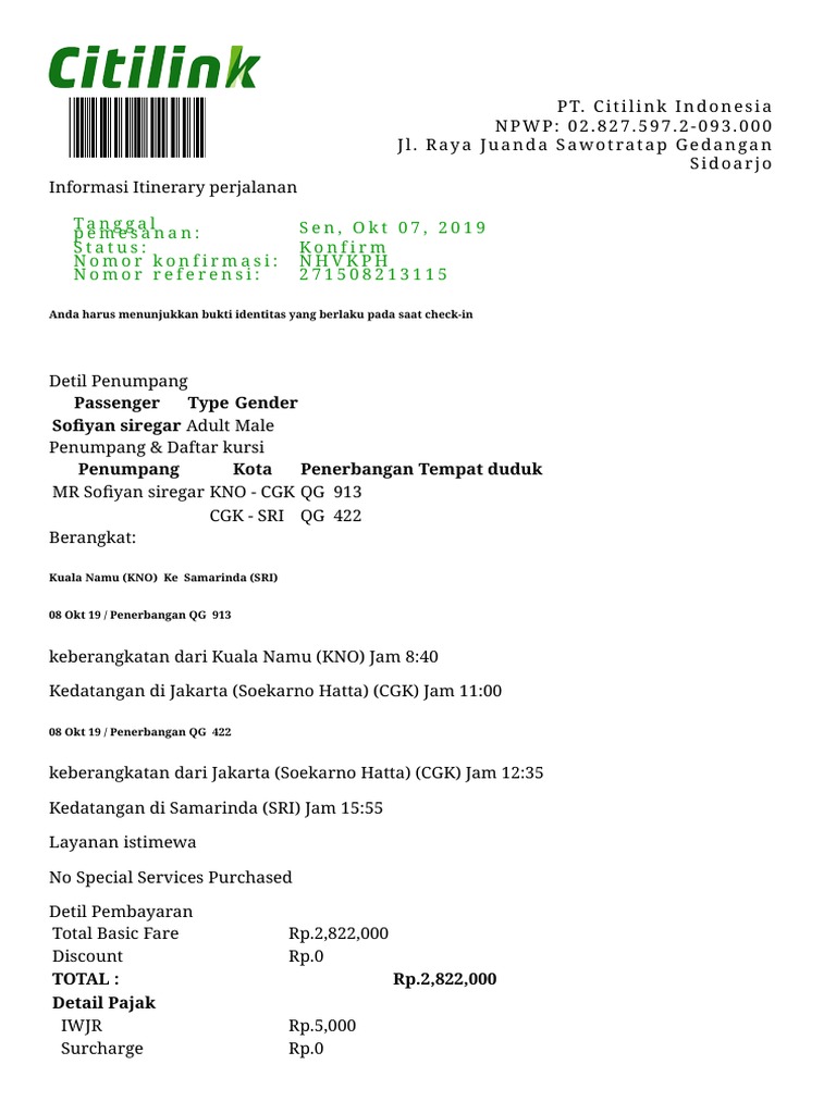 Citilink Itinerary Perjalanan KNO-CGK-SRI | PDF