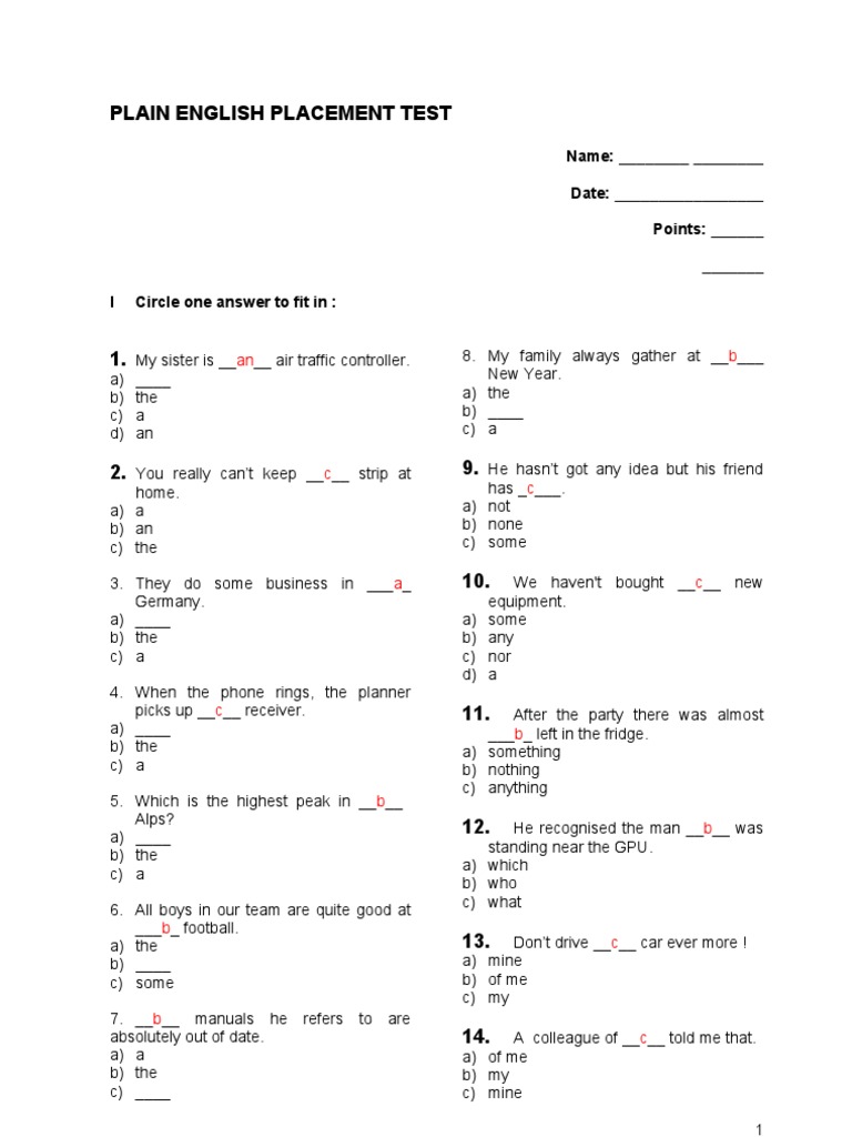 Plain English Placement Test | PDF