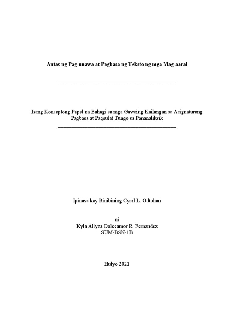 Antas NG Pag-Unawa at Pagbasa NG Teksto NG Mga Mag-Aaral | PDF