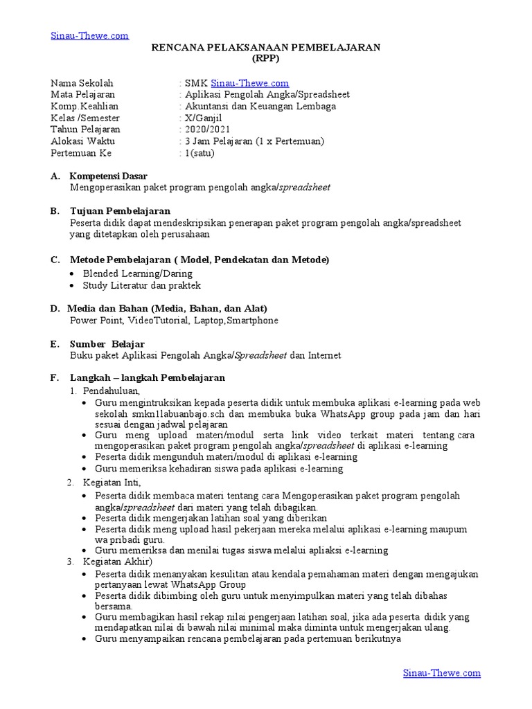 RPP 1 Lembar Aplikasi Pengolah Angka-Spreadsheet Kelas 10 SMK Tahun 2021-2022 Semester 1 Sinau ...