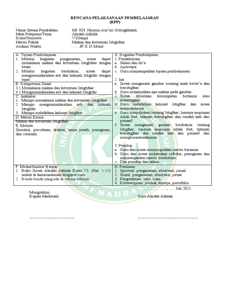 RPP Akidah Akhlak KLS 6 - Kamimadrasah | PDF