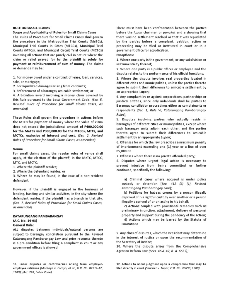 Revised Rules of Procedure For Small Claims Cases, As Amended) Rules ...