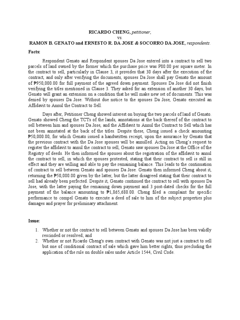 RICARDO CHENG, Petitioner, Ramon B. Genato and Ernesto R. Da Jose ...