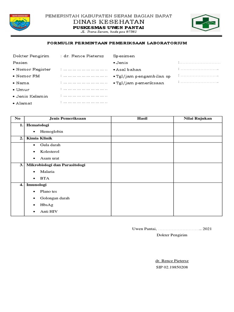 Formulir Permintaan Lab Medis | PDF | Sains & Matematika