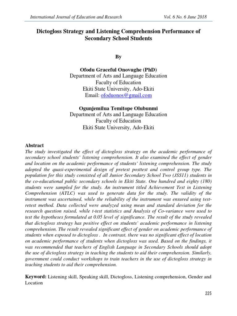 Dictogloss Strategy and Listening Comprehension Performance of ...