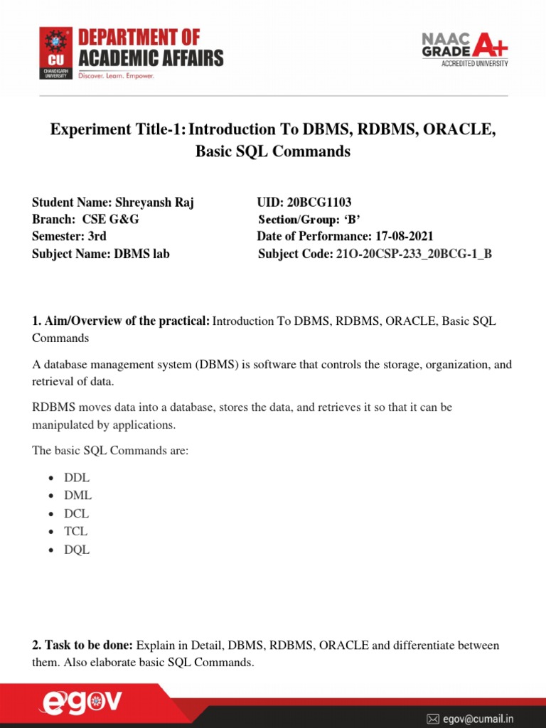 Experiment Title-1: Introduction To DBMS, RDBMS, ORACLE, Basic SQL Commands | PDF | Databases ...