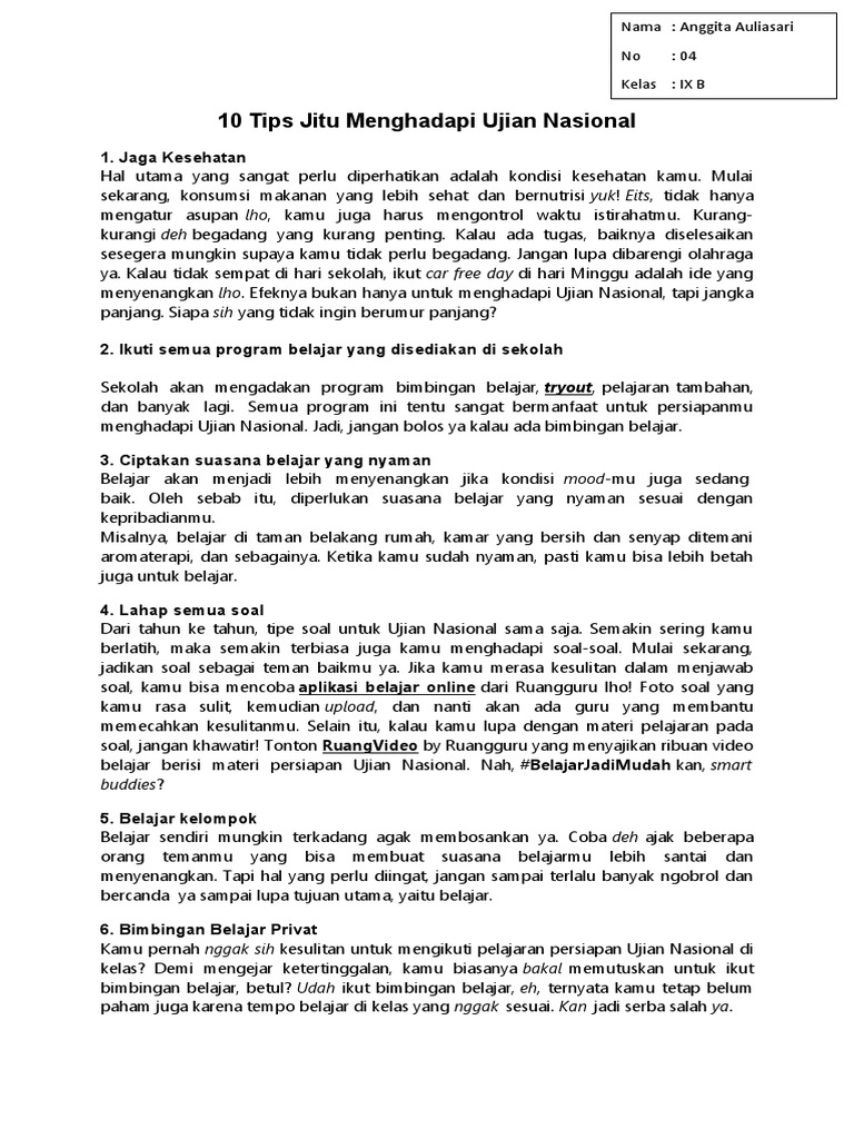 10 Tips Jitu Menghadapi Ujian Nasional | PDF | Pengembangan Diri 10 Tips Jitu Menghadapi Ujian Nasional | PDF | Pengembangan Diri