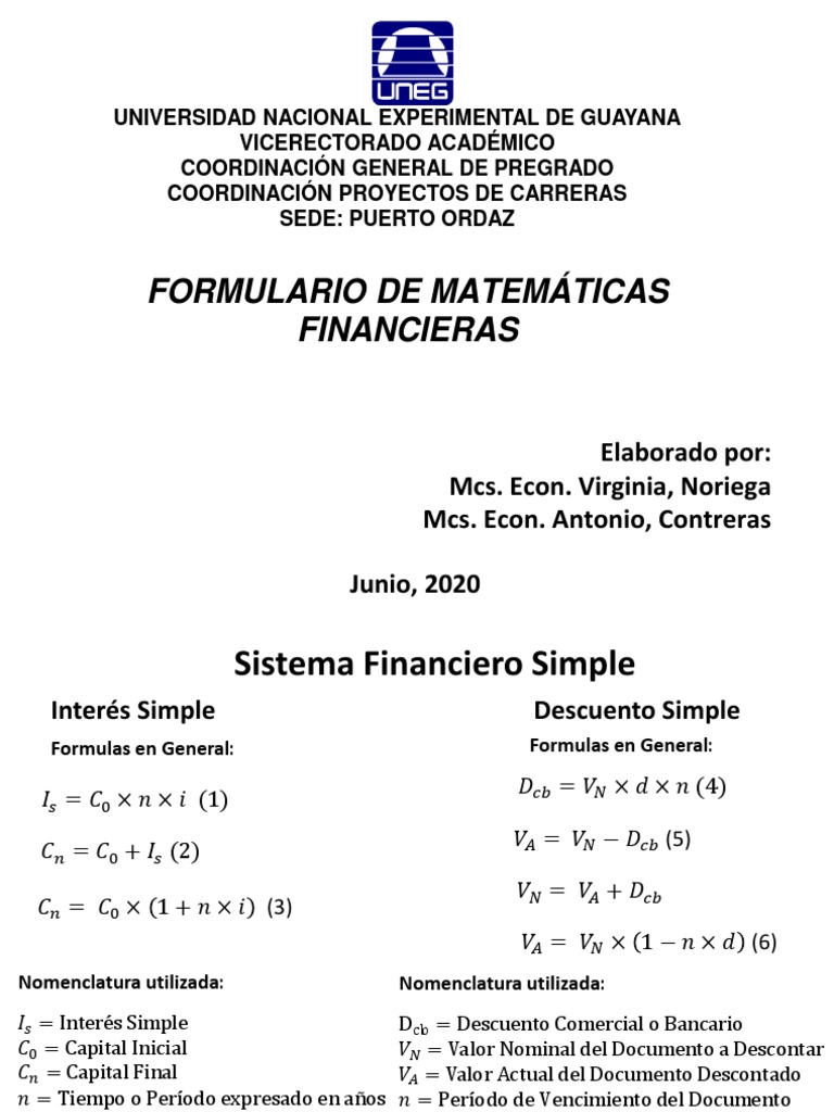Formulario Matemáticas Financiero 1.1 (Interés Simple) | PDF | Métodos ...