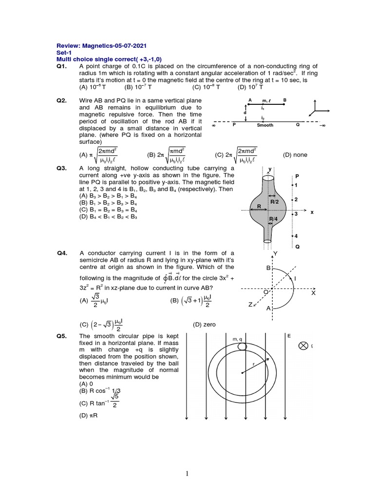 MCQs on Moving Charges & Magnetism | PDF | Magnetic Field | Force