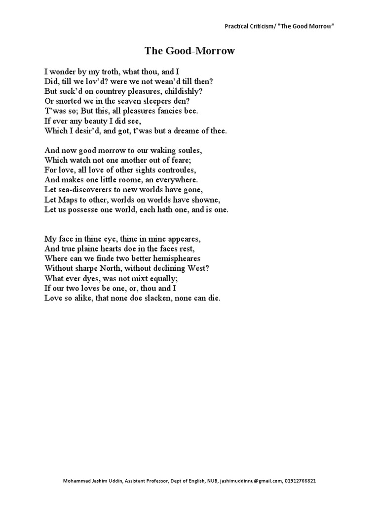 An Analysis of Love and Eternity in John Donne's Poem 'The Good Morrow ...