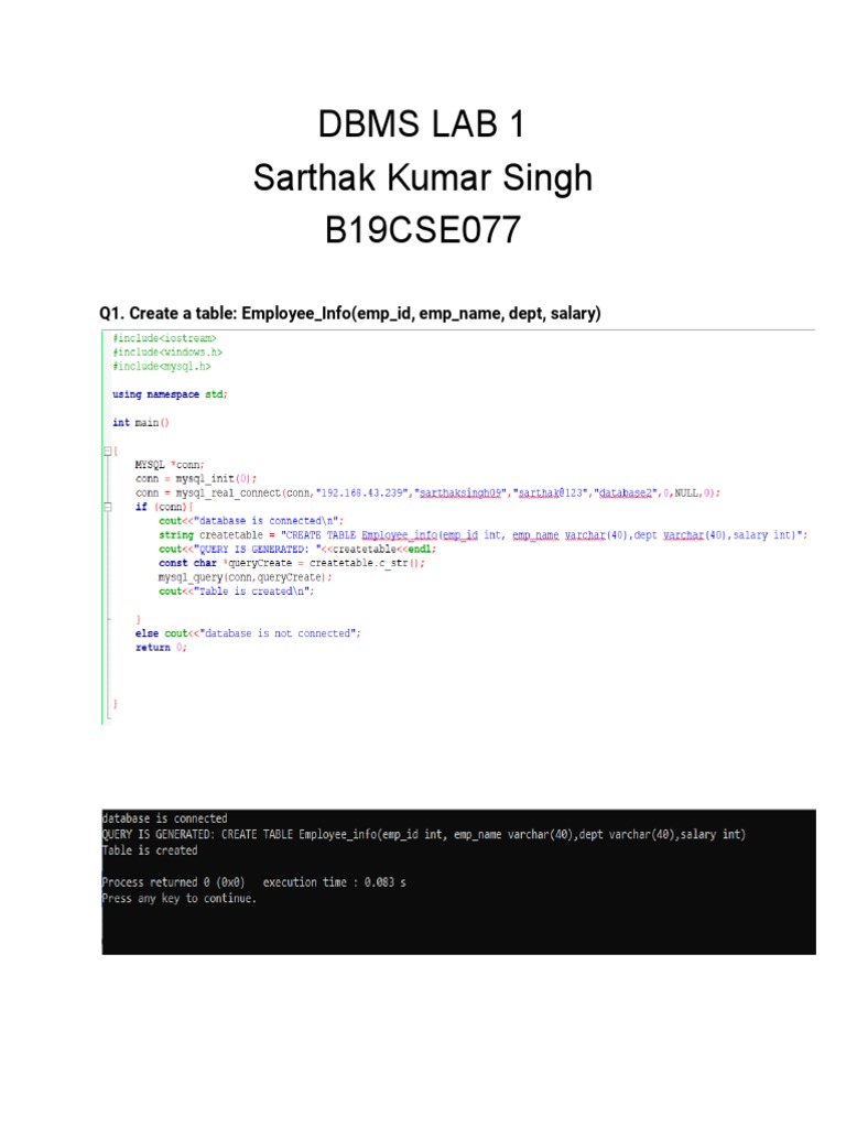 Dbms Lab 1 Sarthak Kumar Singh B19cse077 Q1 Create A Table Employee Info Emp Id Emp 