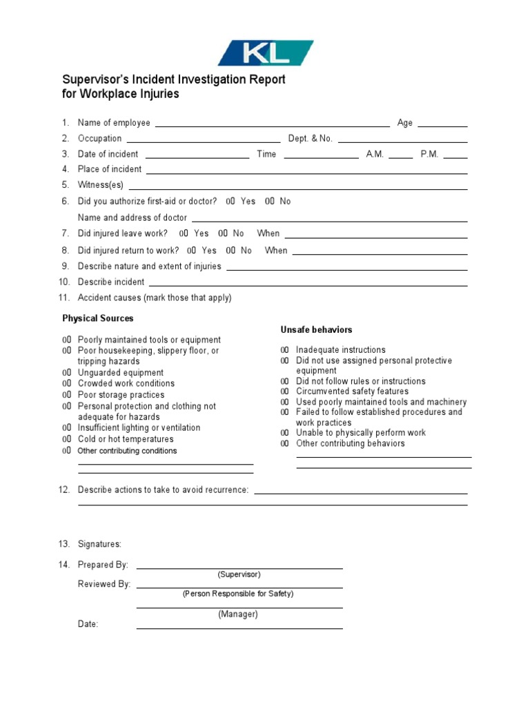 Supervisor's Incident Investigation Report For Workplace Injuries | PDF