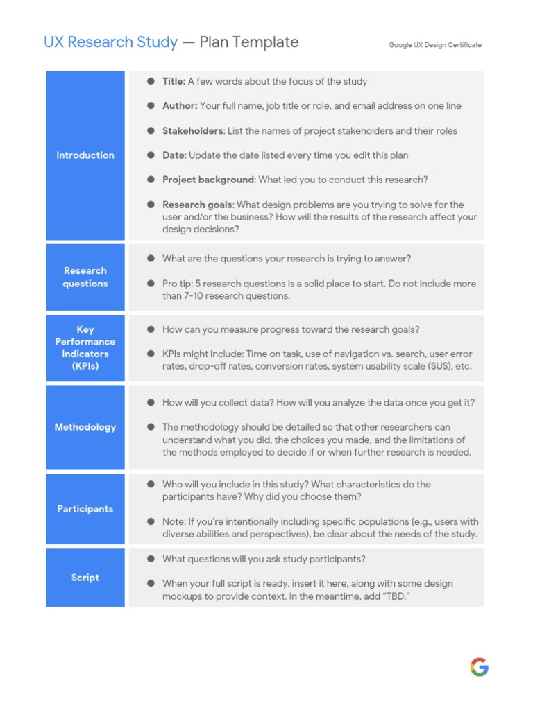 Google UX Design Certificate - UX Research Study Plan Template | PDF